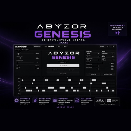 ABYZOR Audio「ABYZOR GENESIS」メロディ・コード進行・ベースライン・アルペジオを自動生成できる無料MIDI ...